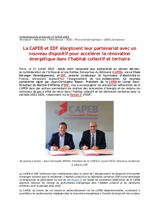 La CAPEB et EDF élargissent leur partenariat avec un nouveau dispositif | BATI-Today