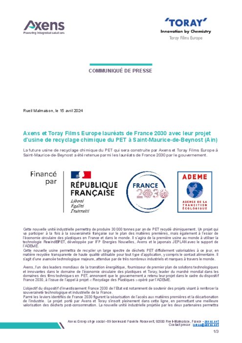 L'usine de recyclage chimique du PET Axens/Toray lauréate France 2030 ...