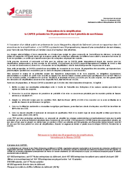 Rencontres de la simplification : la CAPEB présente les 39 propositions et les 5 priorités de ...