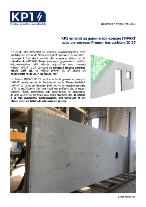 KP1 enrichit sa gamme Impakt d'un nouveau Prémur bas carbone IC 27 | BATI-Today