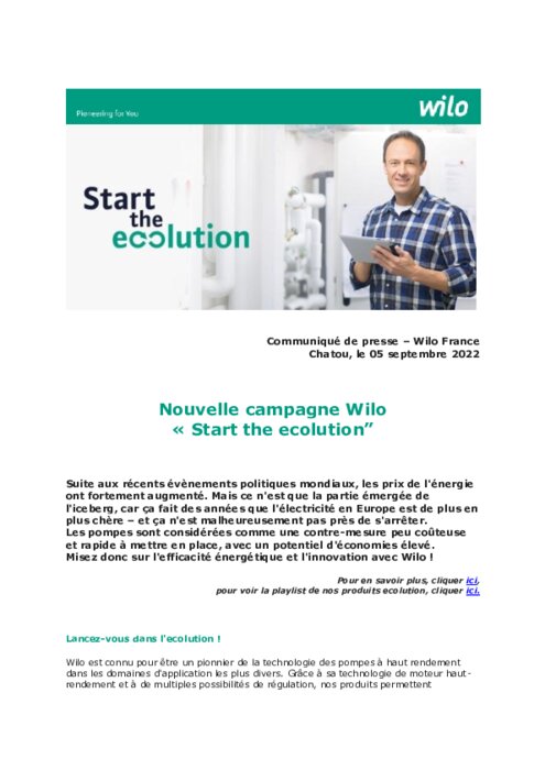 Wilo lance sa campagne "start the ecolution" | BATI-Today